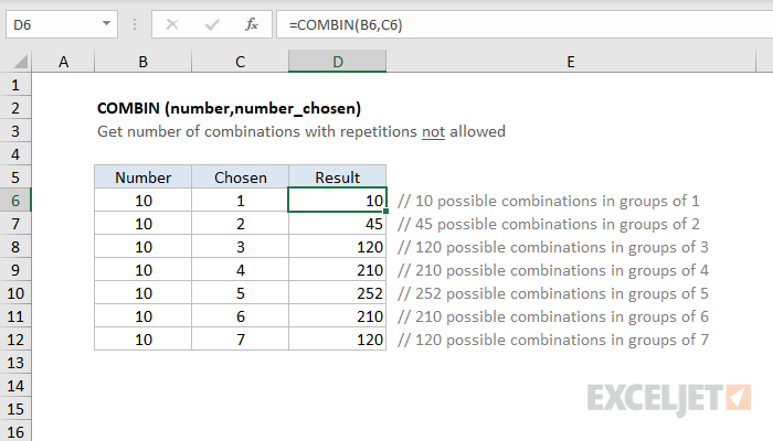 How To Use The Excel Combin Function Exceljet